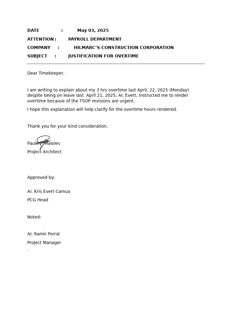 Overtime Justification for April 2025 | PDF