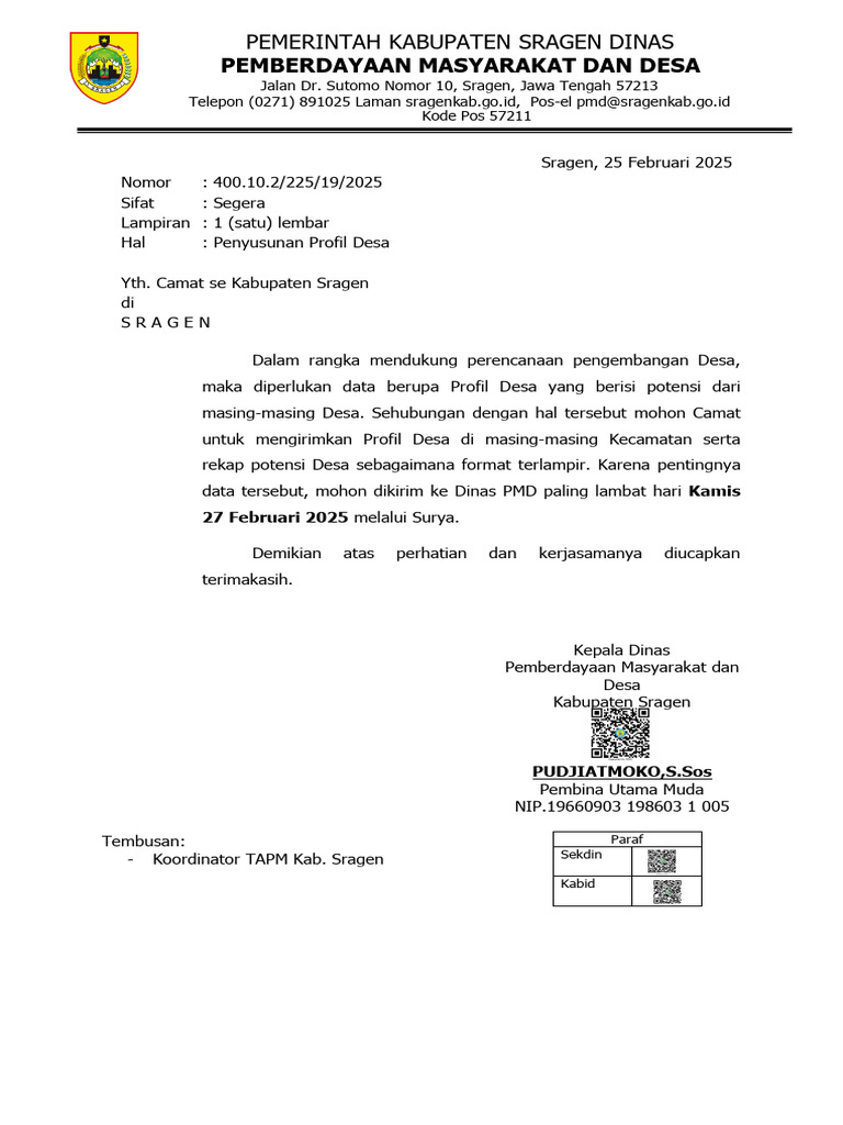 Surat Penyusunan Profil Desa Dan Rekap Potensi 2025 | PDF