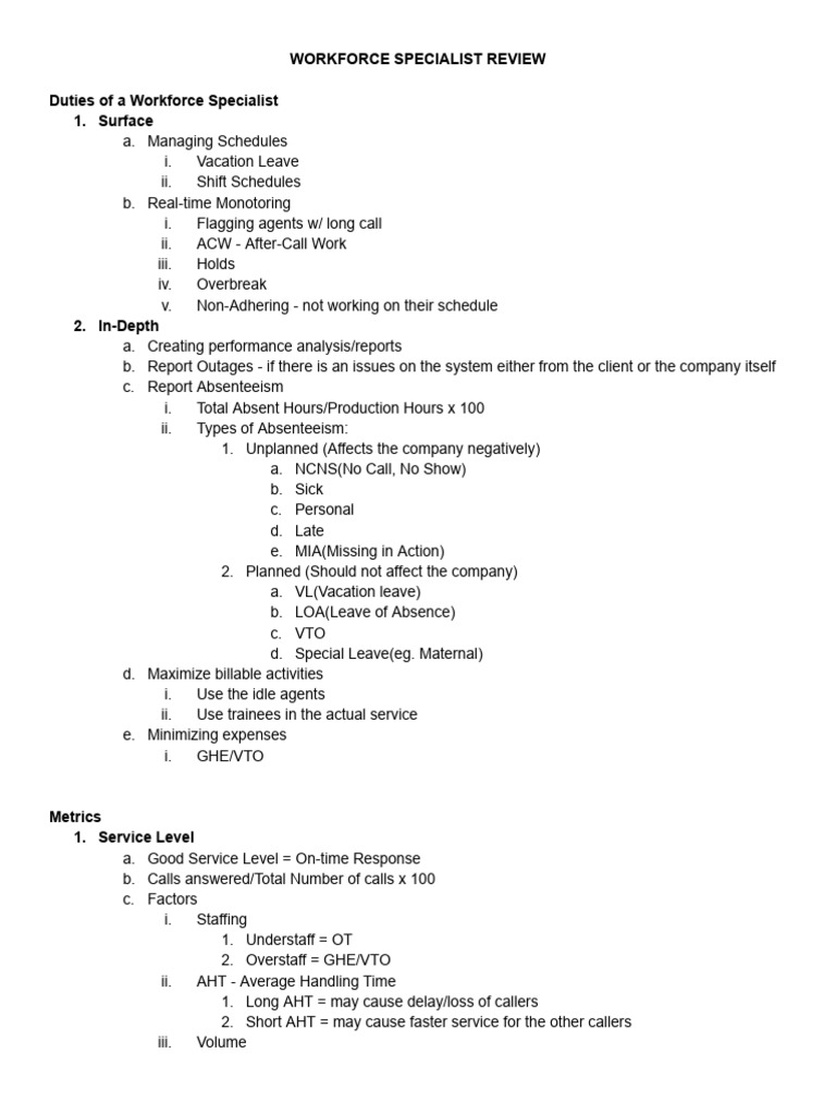 Workforce Specialist Duties & Metrics | PDF | Workplace | Employee ...