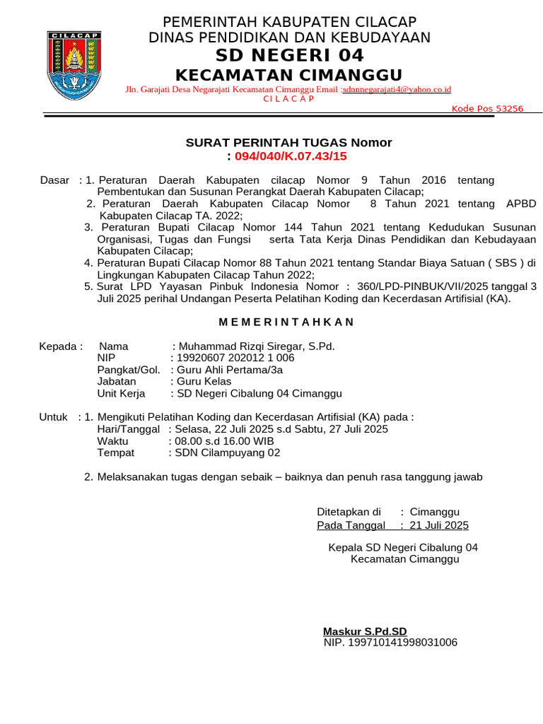 Surat Perintah Tugas Pembelajaran Mendalam - Muhammad Rizqi Siregar | PDF