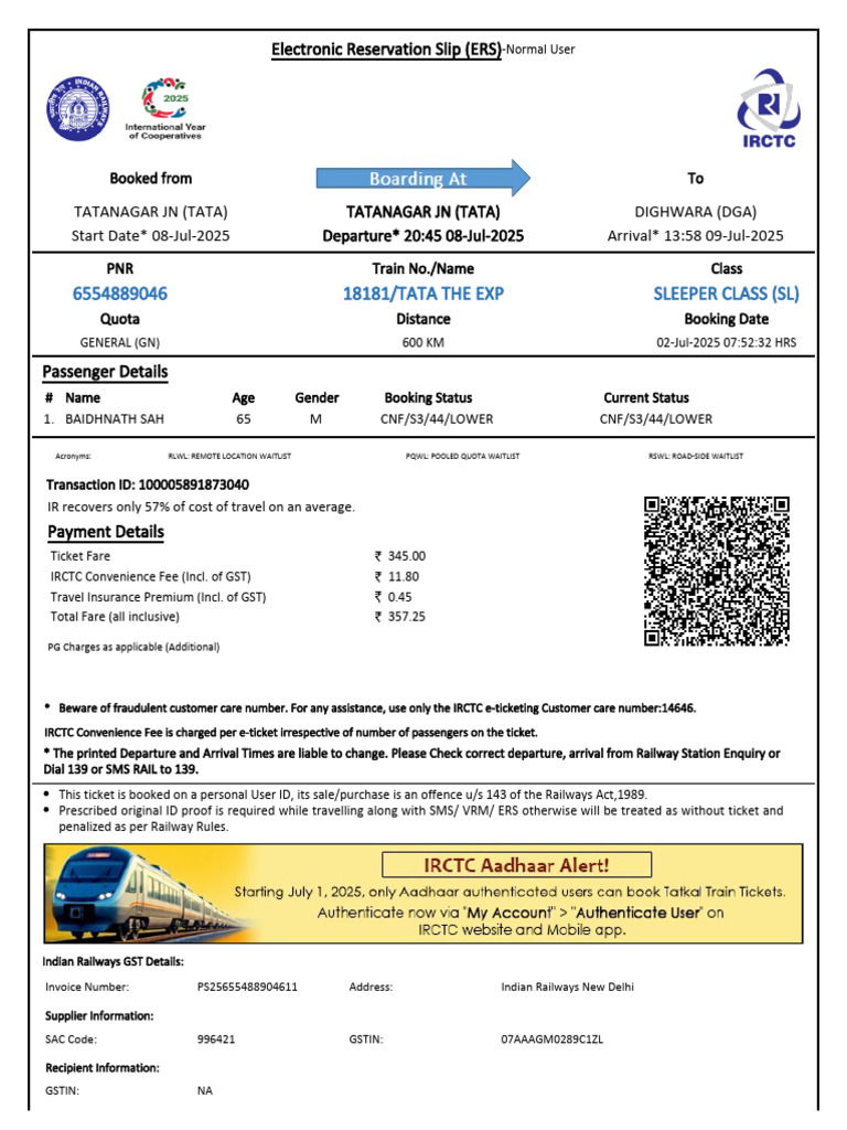 18181/TATA THE EXP Sleeper Class (SL) | PDF | Identity Document | Payments