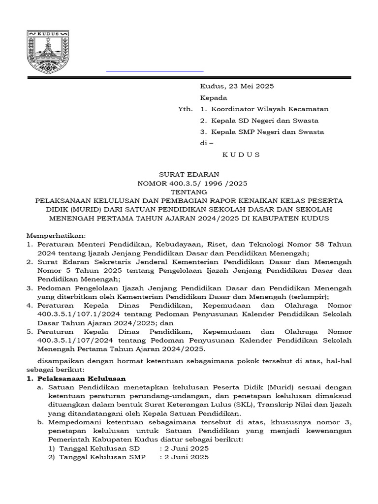 Edaran Kelulusan Dan Kenaikan Kelas SD Dan SMP 2025 Beserta Lampiran | PDF