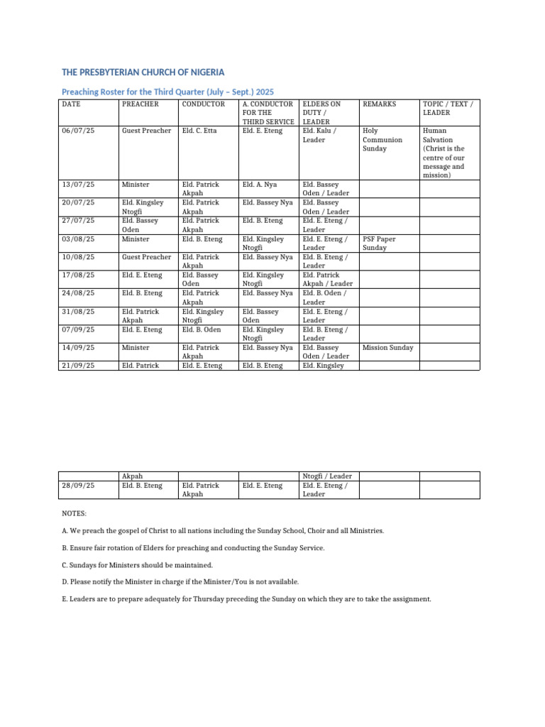 Preaching Roster Q3 2025 Landscape | PDF | Western Christianity ...