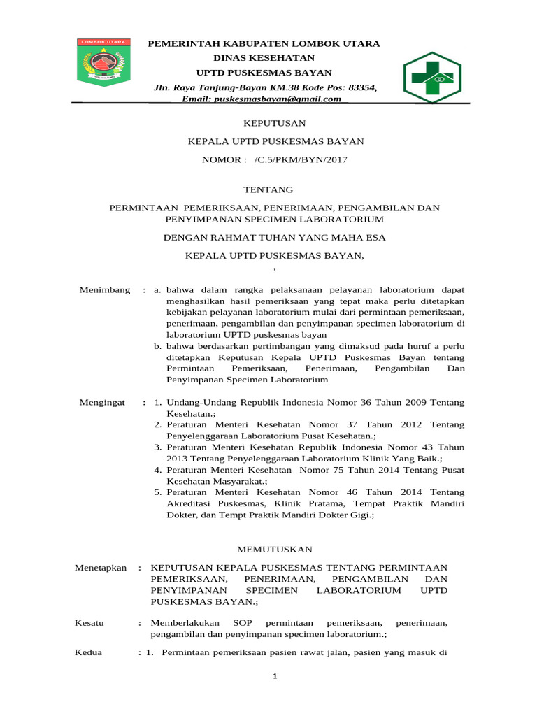 8.1.2.1 SK Permintaan, Pengambilan, Penerimaan, Penyimpanan Spesimen | PDF