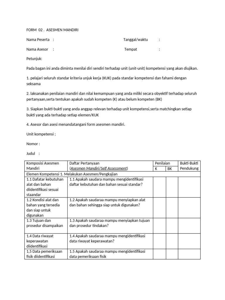 Form 02 Asesmen Mandiri | PDF