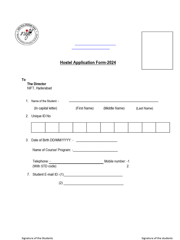 NIFT Hyderabad Hostel Application 2024 | PDF