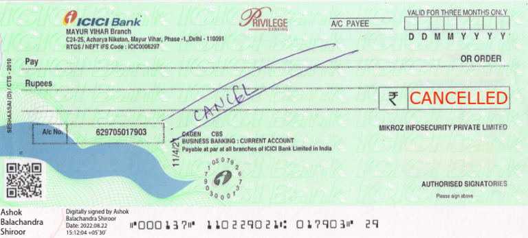 ICICI Cancelled Cheque, DigSig | PDF