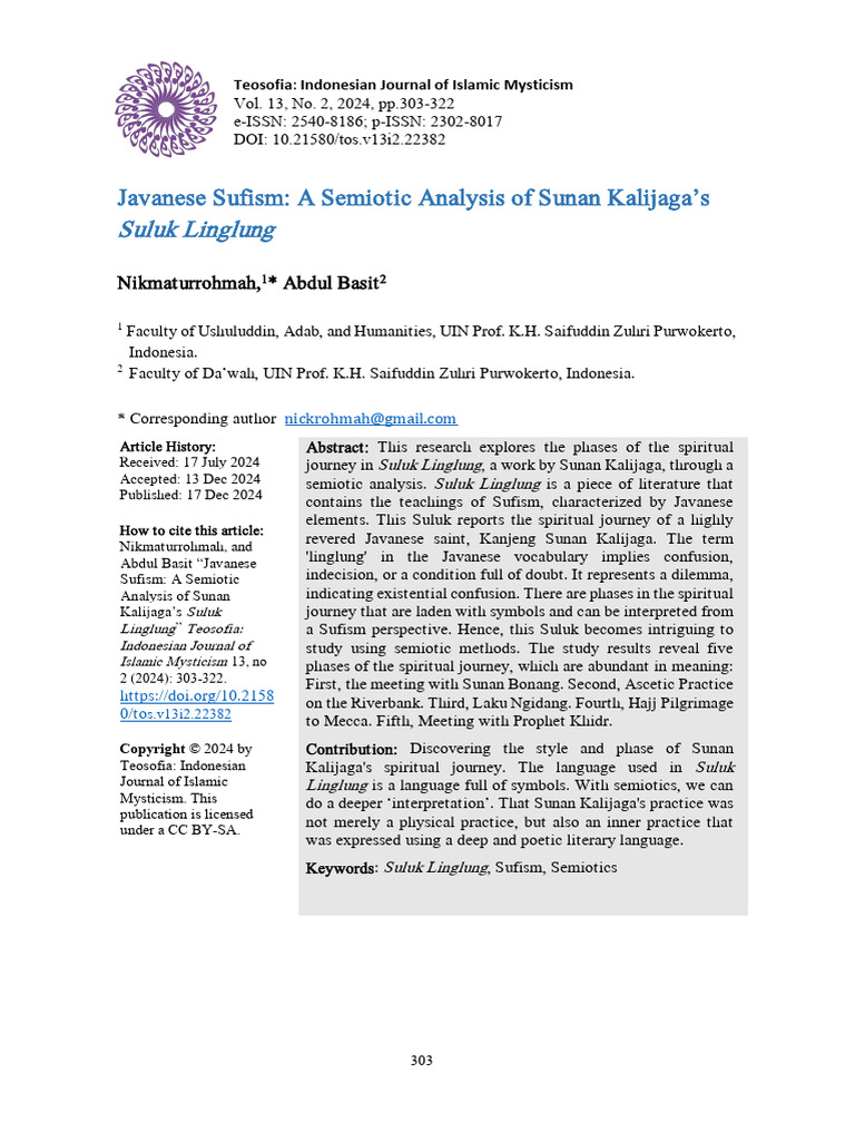 Javanese Sufism A Semiotic Analysis of Sunan Kalijaga's Suluk Linglung ...