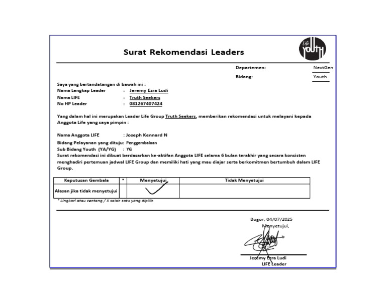 Surat Rekomendasi Leaders_Joseph Kennard N | PDF