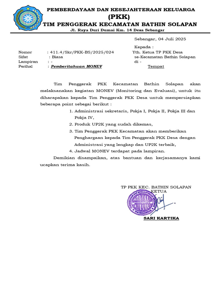 MONEV PKK Kecamatan Bathin Solapan 2025 | PDF