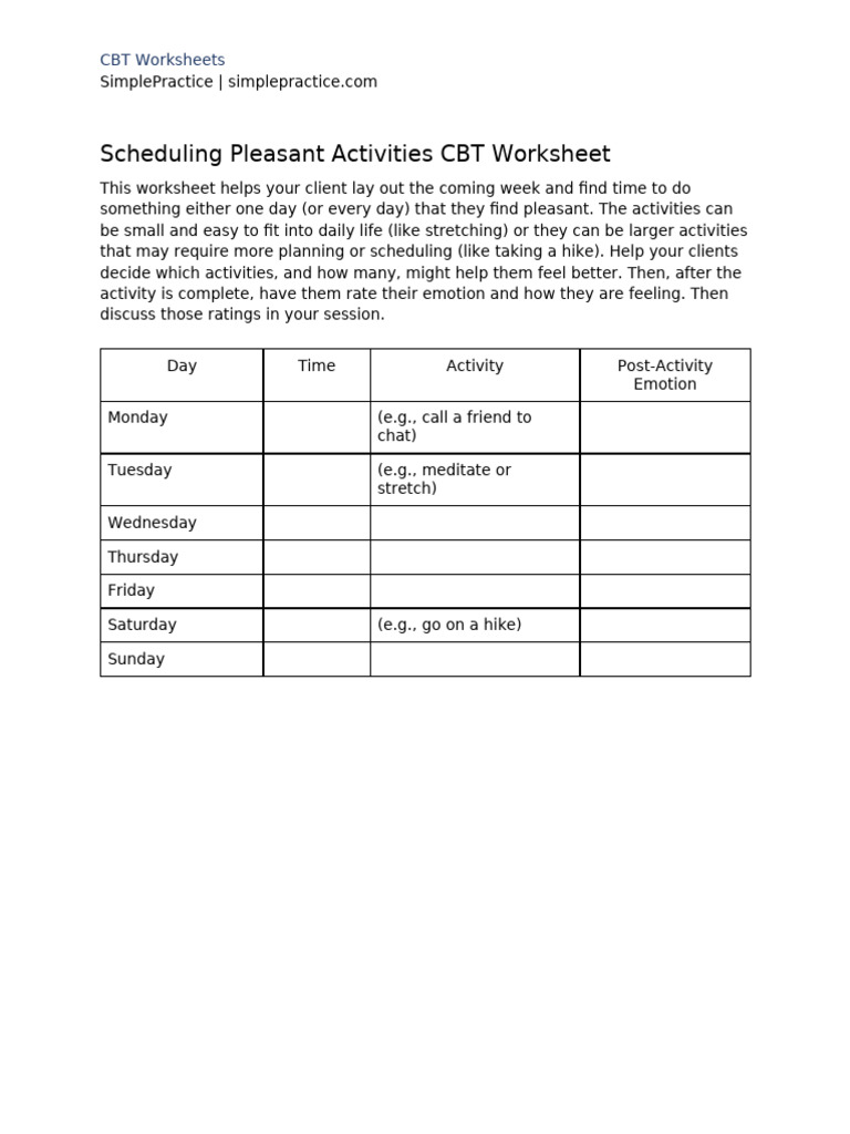 Pleasant Activity Scheduling Worksheet | PDF