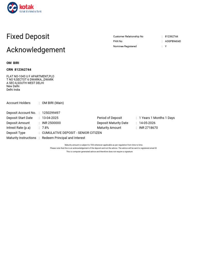 Pennymac 1098 Fixed Deposit Acknowledgement | PDF | Personal Finance ...
