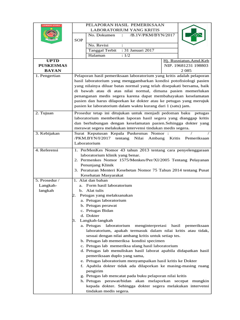 8.1.4.3 Pelaporan Hasil Pemeriksaan Laboratorium Yang Kritis | PDF