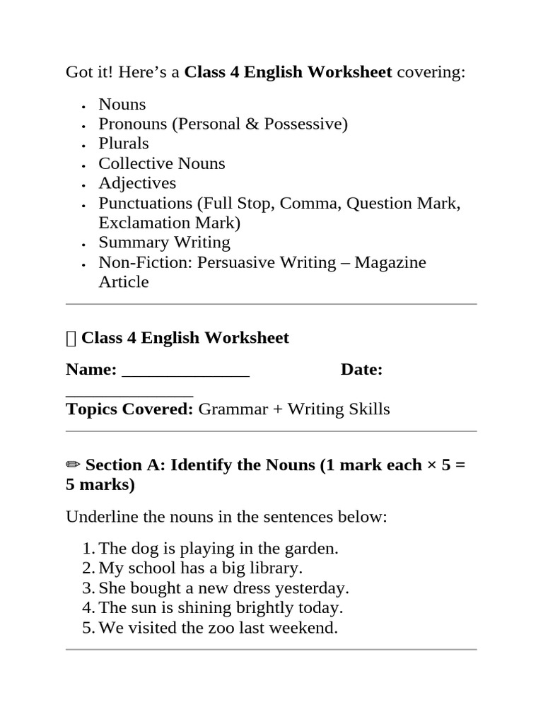 Class 4 English Grammar Worksheet | PDF | Noun | Linguistic Typology