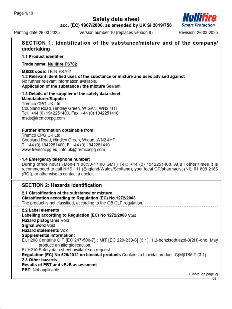 FS702 Safety Data Sheet (v10-GB-En) | PDF | Occupational Safety And ...