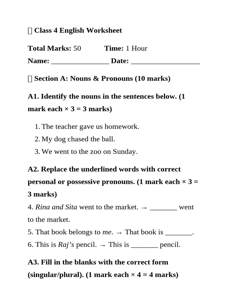 Class 4 English Worksheet Activities | PDF | Noun | Syntax
