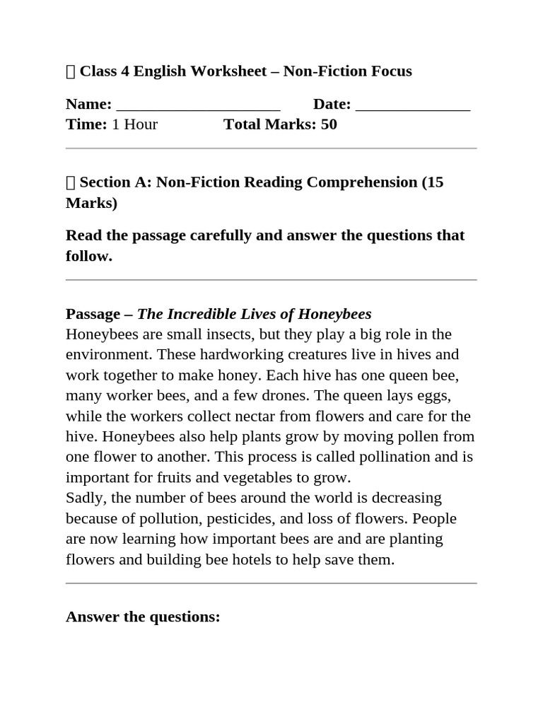 ? Class 4 English Worksheet 3 | PDF | Honey Bee | Bees