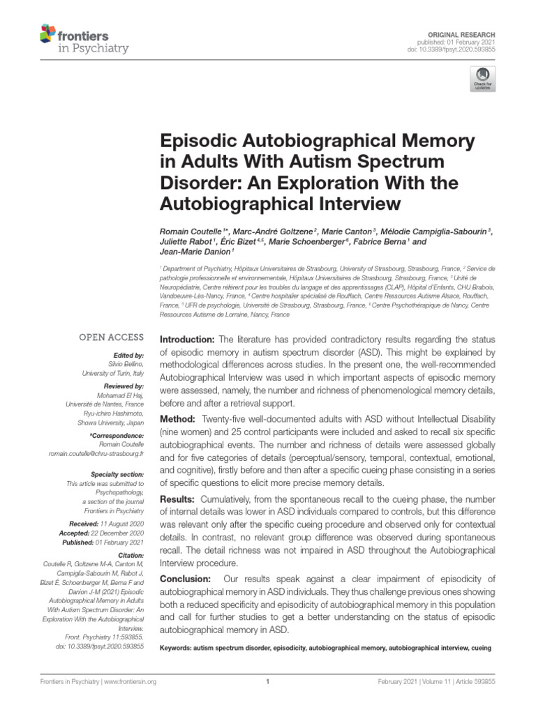 Episodic Autobiographical Memory in Adults With Autism Spectrum Disorder | PDF | Memory | Autism