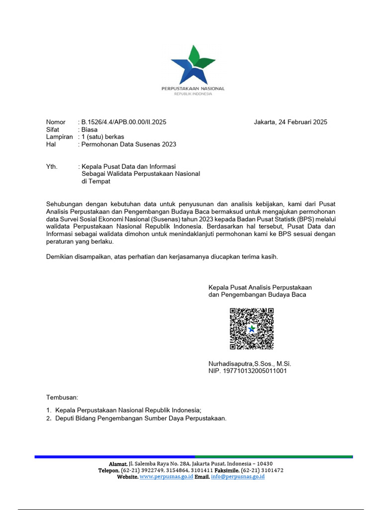 Surat Permintaan Data Susenas 2023 Melalui Pusdatin | PDF