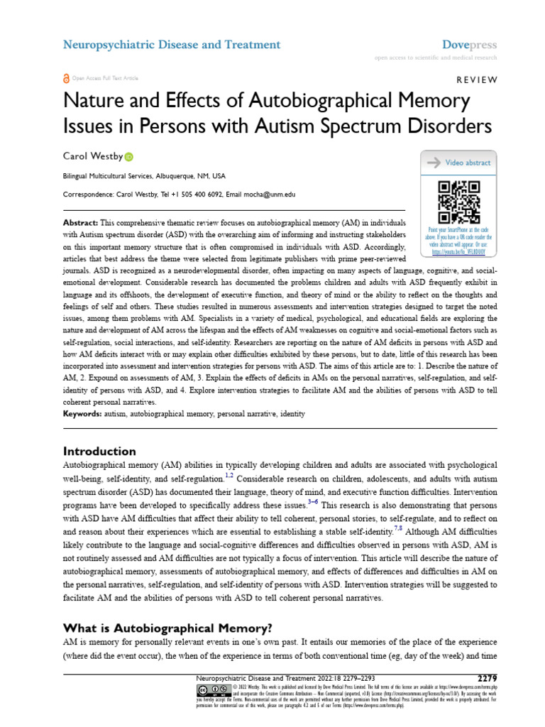 Nature and Effects of Autobiographical Memory Issues in Persons With ...