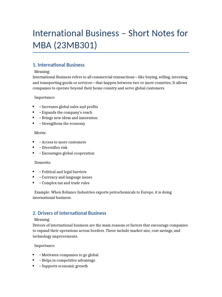 International Business Short Notes MBA | PDF