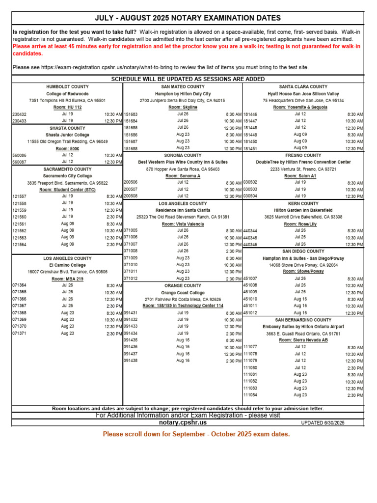Notary Exam Schedule Los Angeles 2025 | PDF