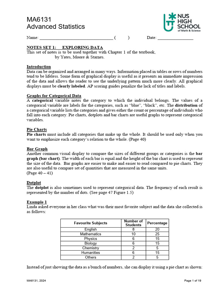 2024 MA6131 Notes Chapter 1 Exploring Data (Student)-1 | PDF | Quartile ...
