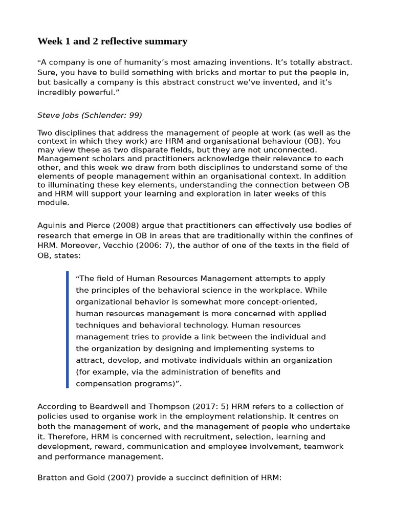 M2 Week 1 and 2 Reflective Summary | PDF | Human Resource Management ...