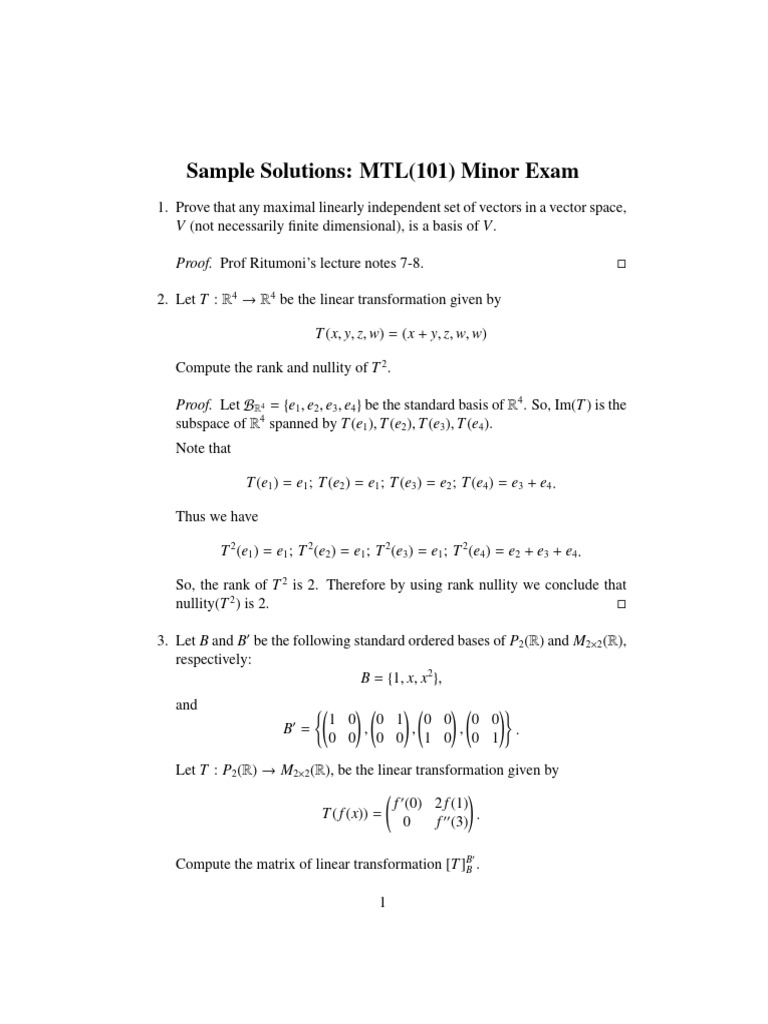 MTL101 Minor Exam Solution | PDF | Eigenvalues And Eigenvectors | Algebra