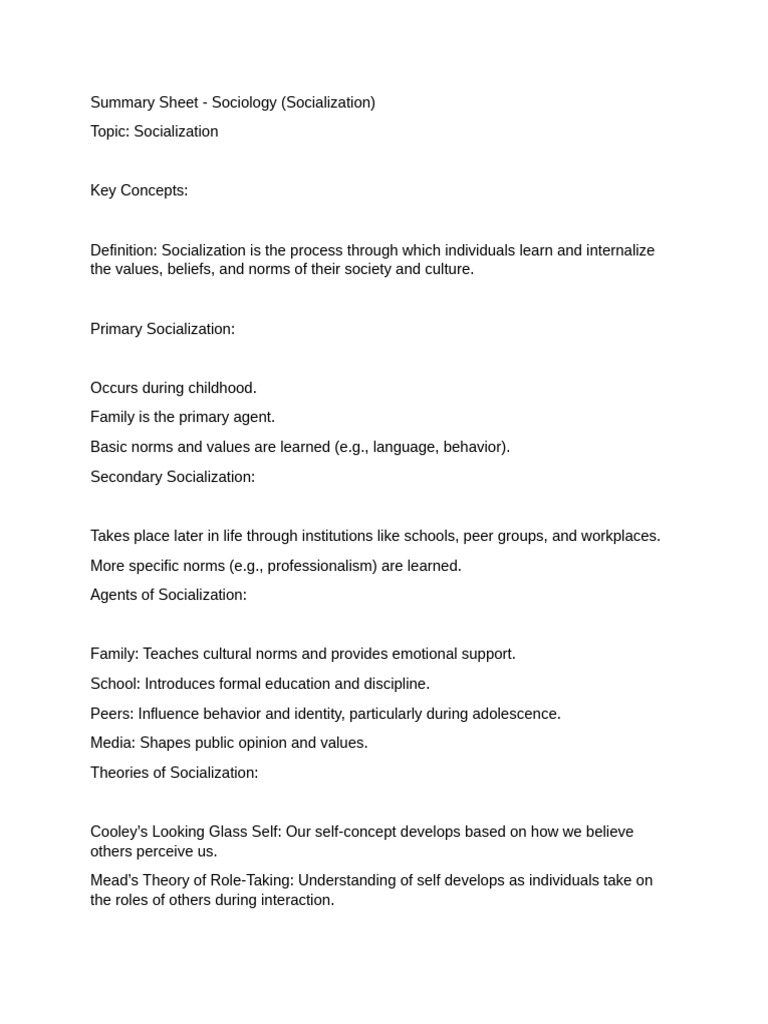 Summary Sheet Sociology Socialization | PDF