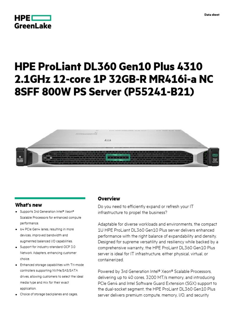 DS - HPE ProLiant DL360 Gen10 Plus 4310 2.1GHz | PDF | Central ...