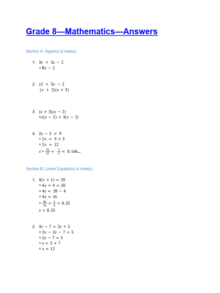 Grade 8 - Mathematics - Worksheet | PDF | Area | Equations