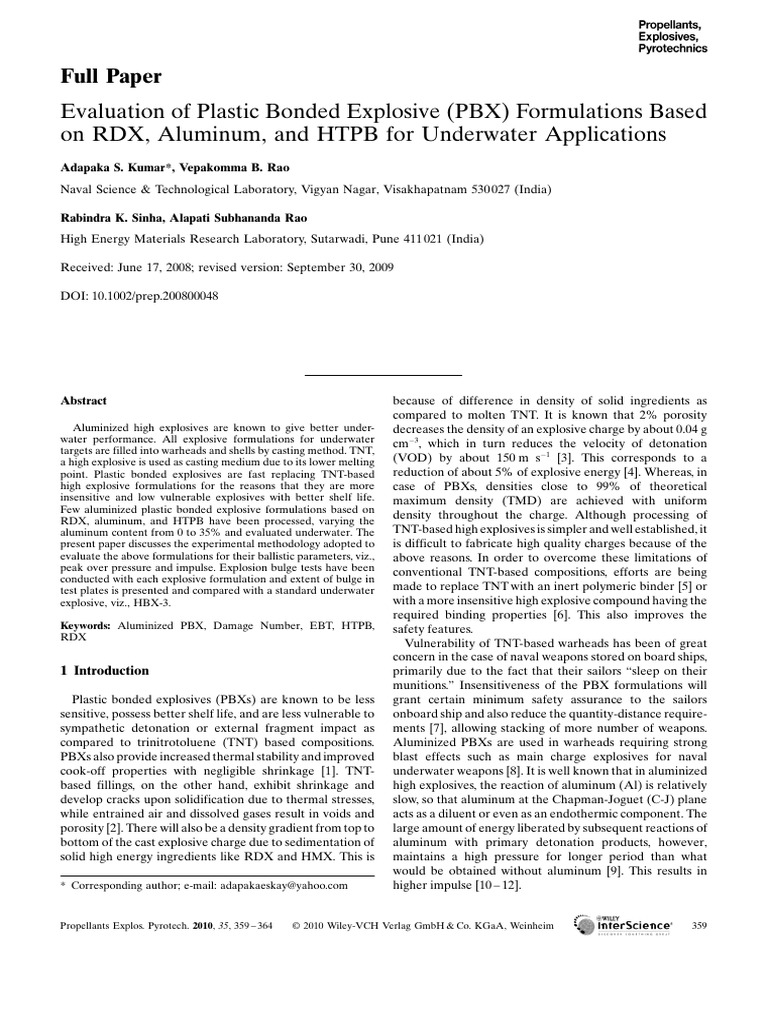 Evaluation of Plastic Bonded Explosive (PBX) Formulations Basedon RDX ...