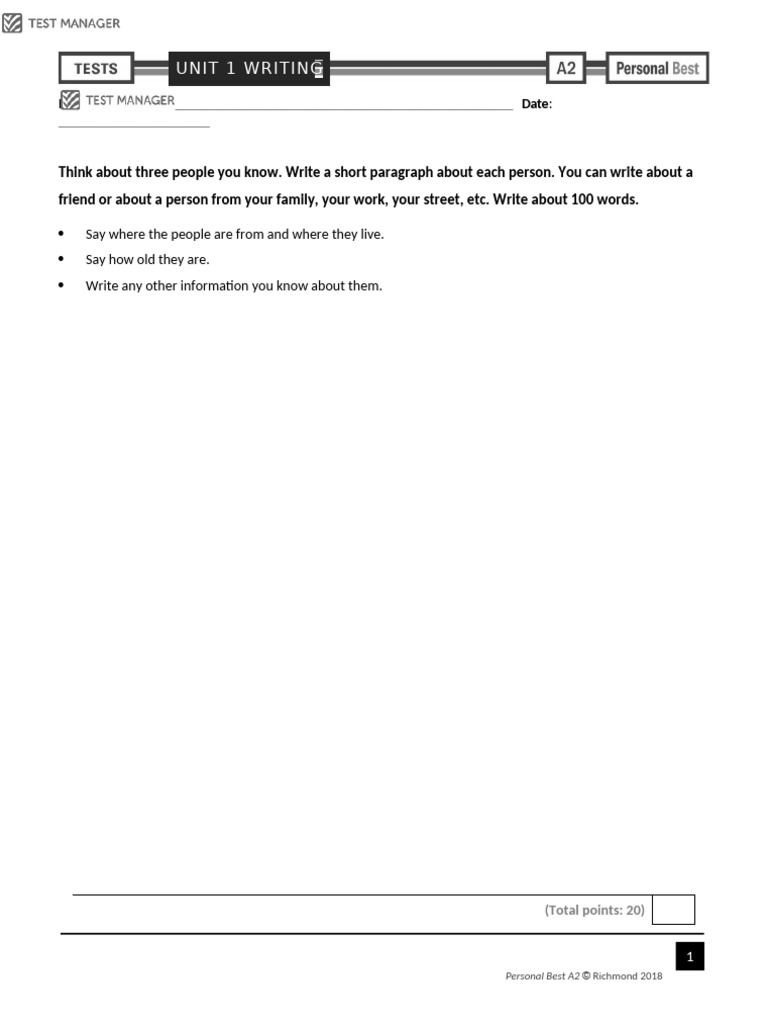 Personal Best A2 Unit 1 Writing Test | PDF