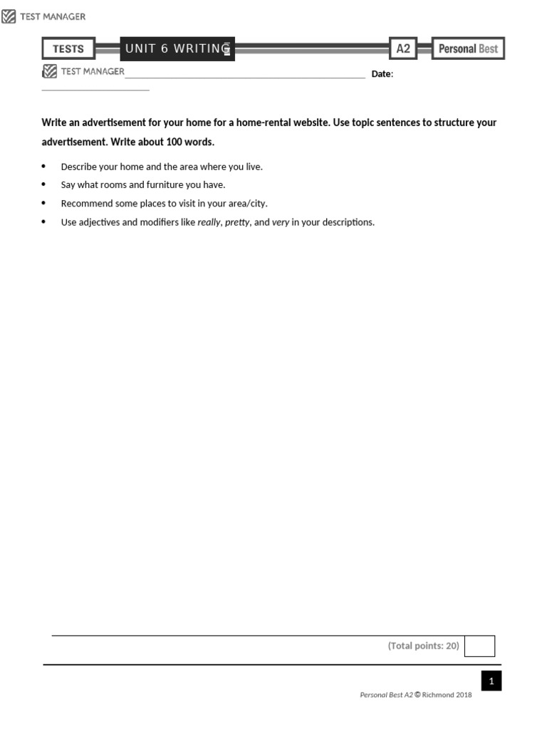 Personal Best A2 Unit 6 Writing Test | PDF