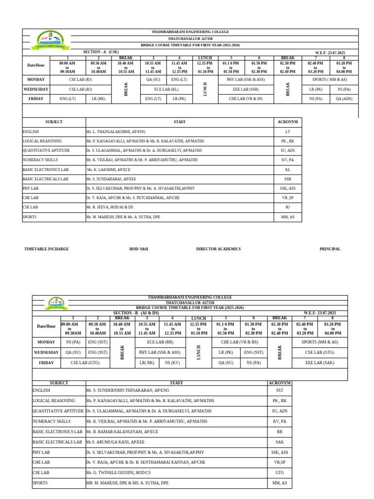 Updated S&H Bridge Course Timetable (2025-26) 22.07.2025 | PDF ...