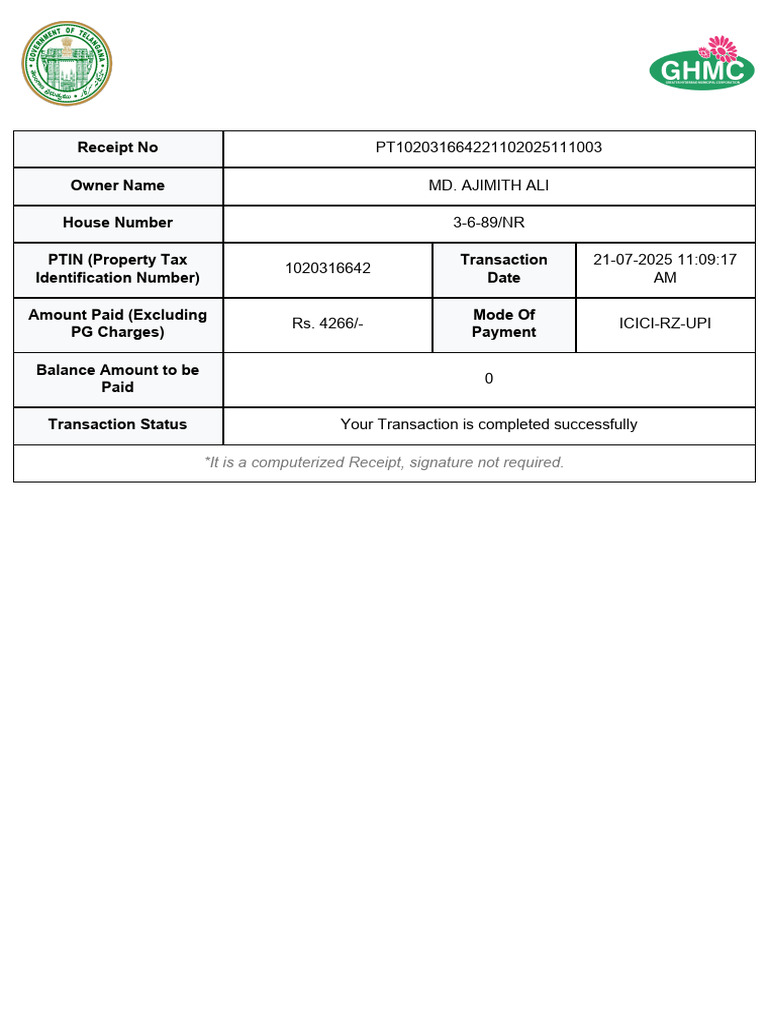 Greater Hyderabad Municipal Corporation Property Tax Receipt Details | PDF