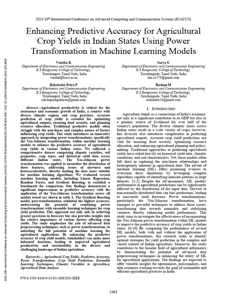 Enhancing Predictive Accuracy For Agricultural Crop Yields in Indian ...