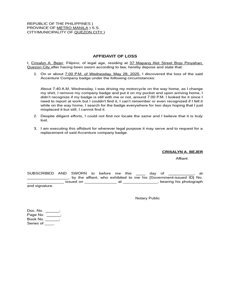 Affidavit of Loss - Crisalyn - Bejer | PDF