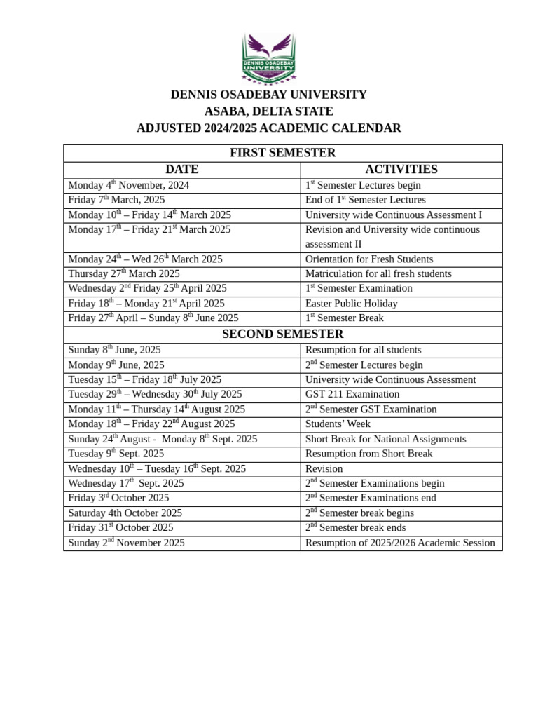 Dennis Osadebay University 2024/2025 Calendar | PDF