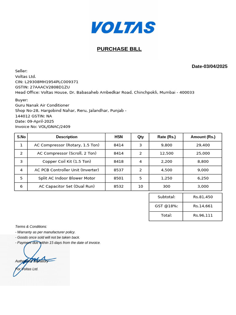 Purchase Bill Guru Nanak AC | PDF