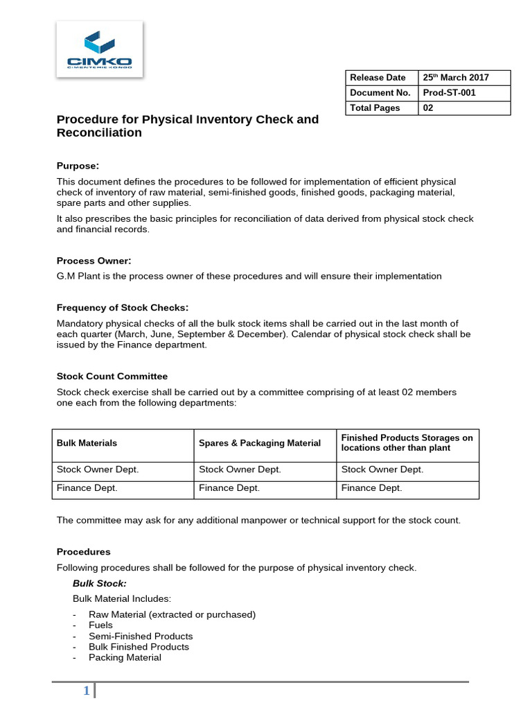 Physical Inventory Check Procedures | PDF | Inventory | Stocks