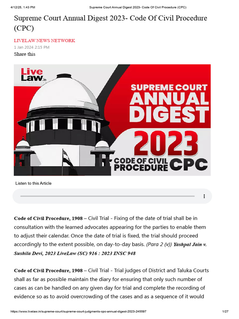 CPC 2023 Annual Digest Summary | PDF | Lawsuit | Res Judicata