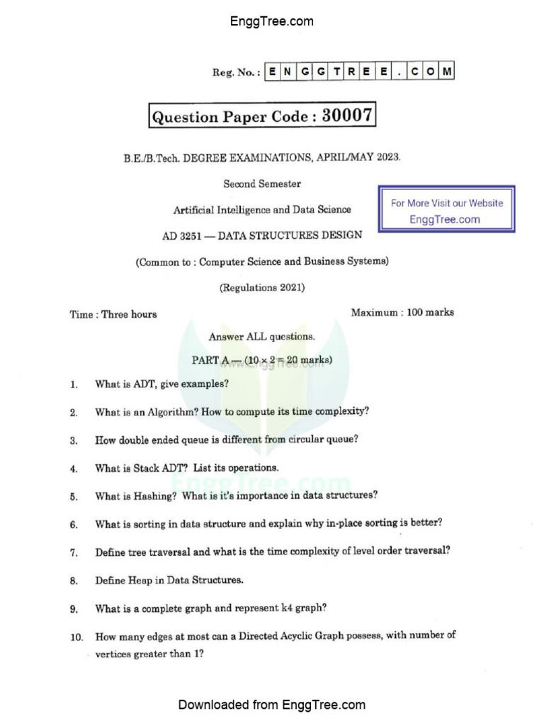 AD3251 Data Structures Design Apr May 2023 Question Paper Download | PDF