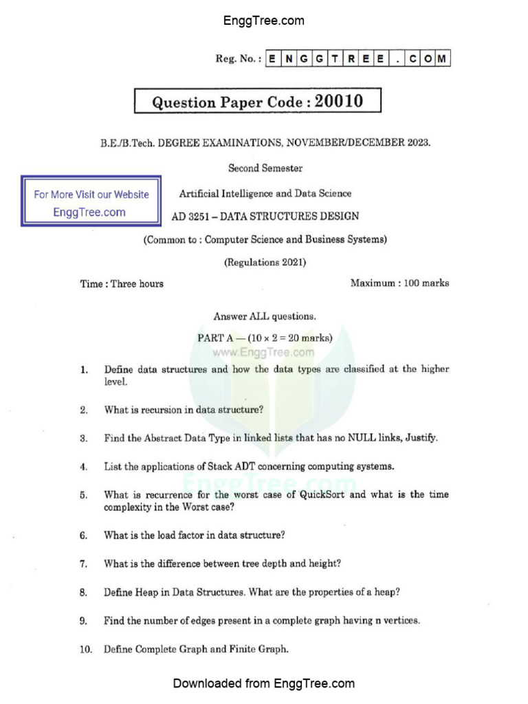 AD3251 Data Structures Design Nov Dec 2023 Question Paper Download | PDF