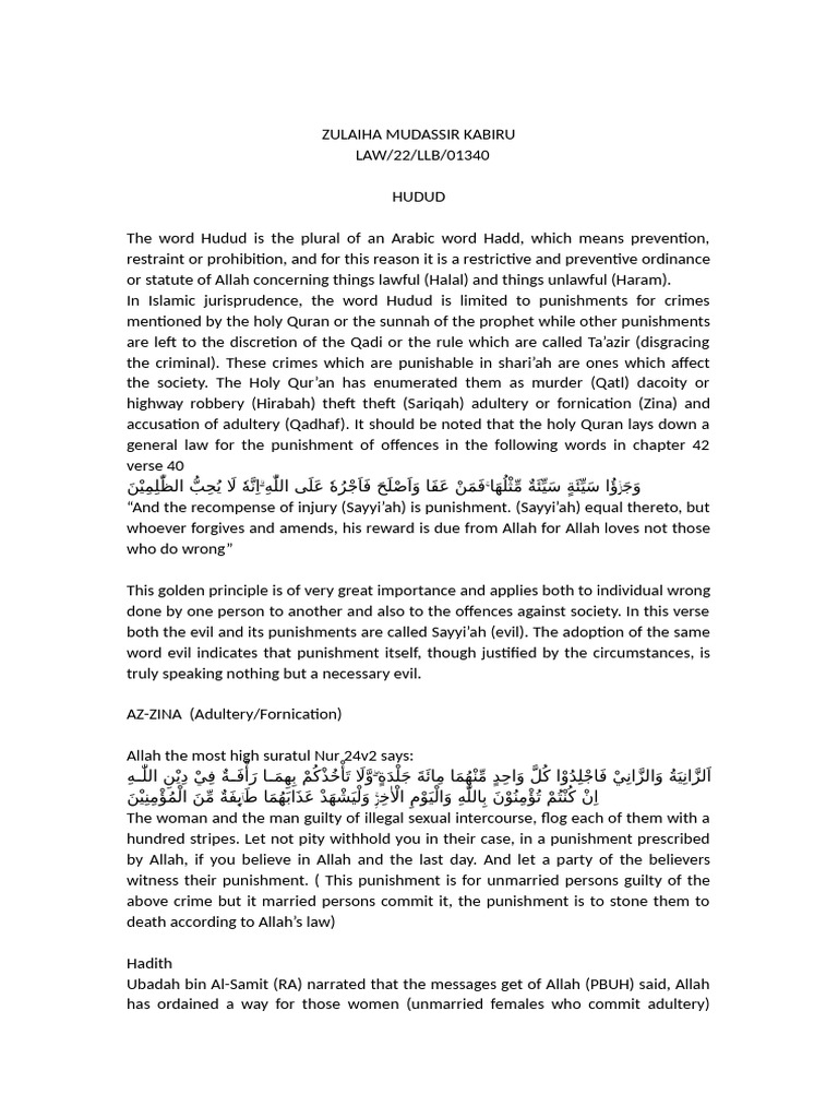 Classification of Islamic Law of Crime (Hudud) | PDF | Islamic ...