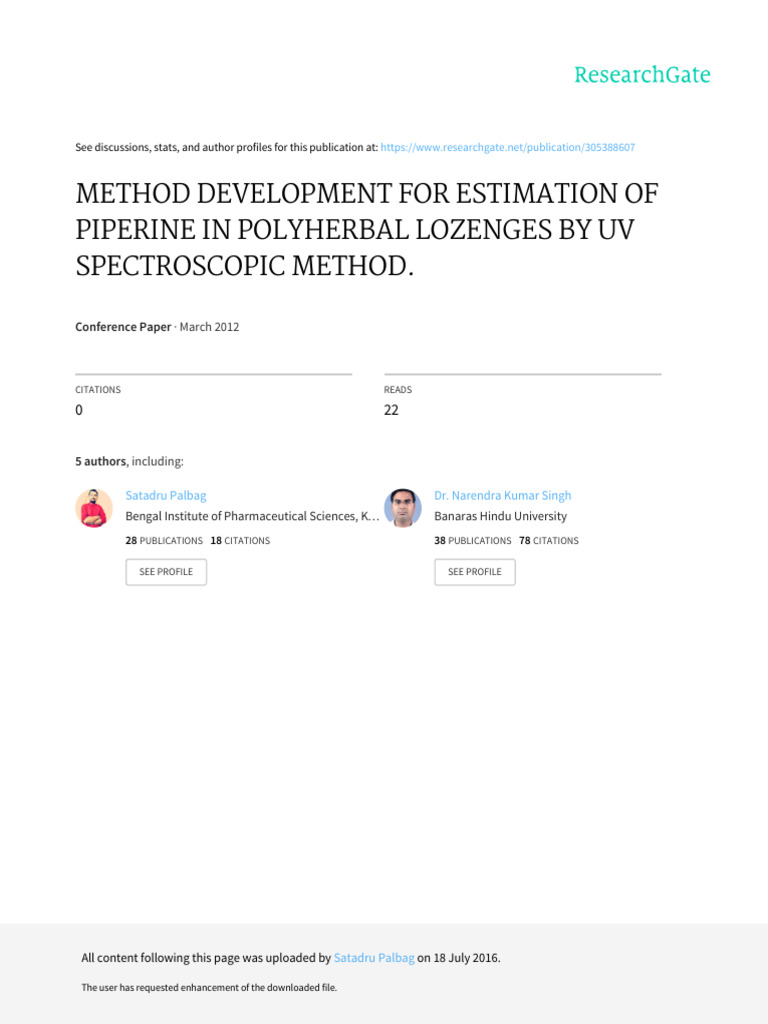 Estimation of Piperine in Ayurvedic Lozenges by Uv Spectroscopy Method | PDF | Absorbance