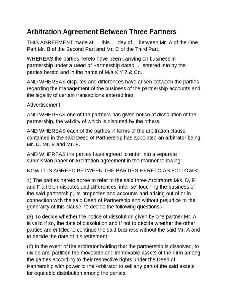 Arbitration Agreement Between Three Partners | PDF | Arbitration ...