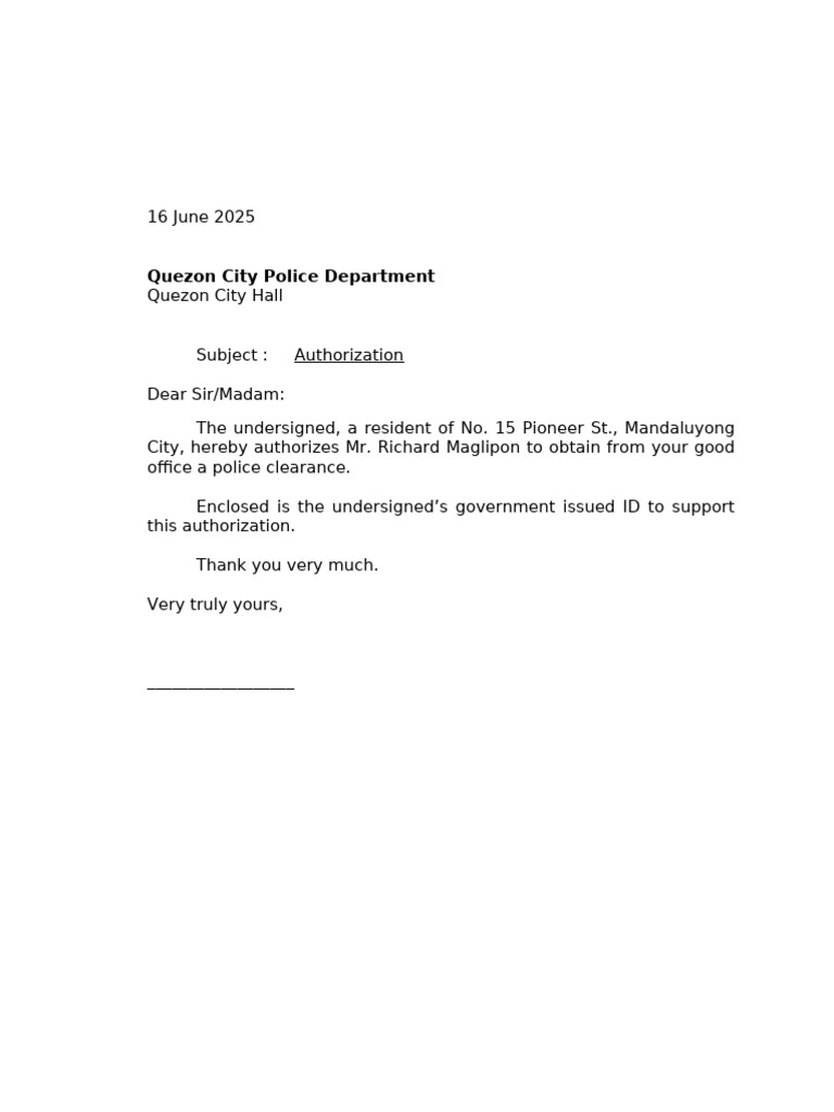 Authorization Letter For Police Clearance Sample | PDF