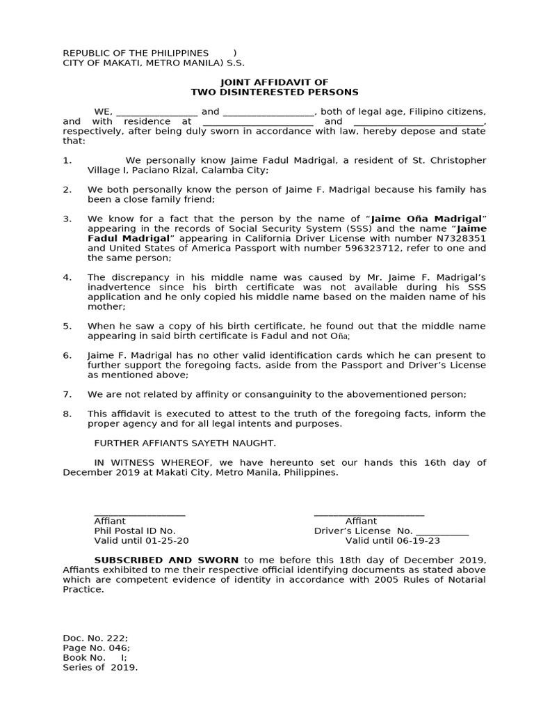 Affidavit of Two Disinterested Persons - Sample | PDF | Affidavit ...